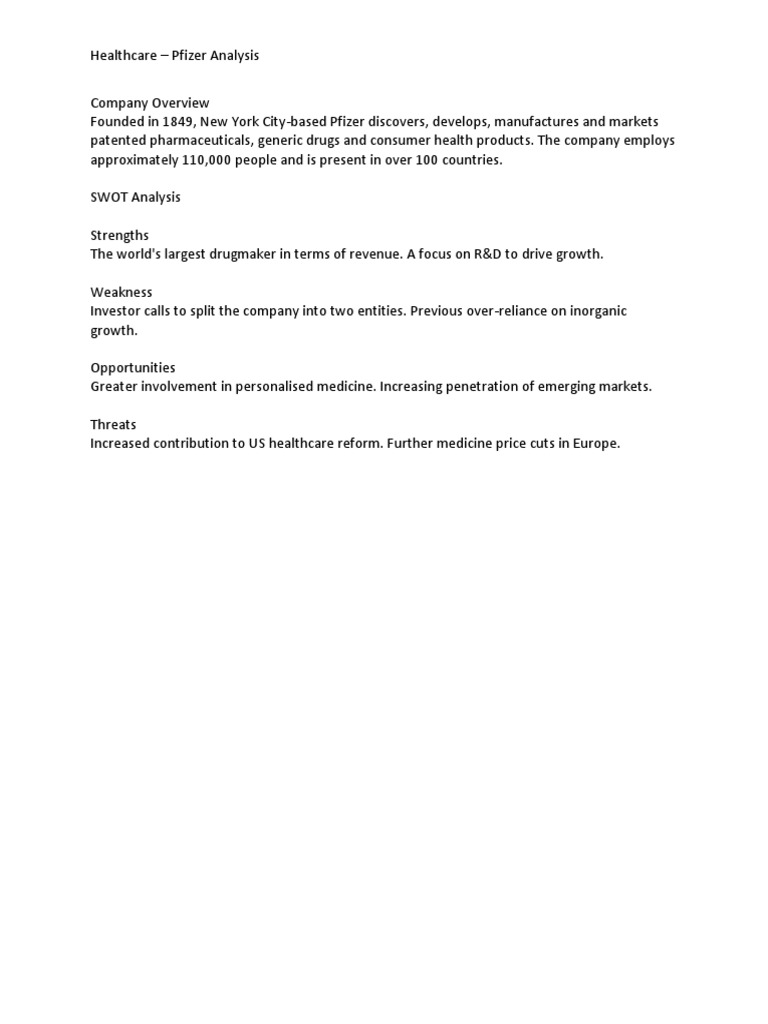 Pfizer SWOT Analysis & Overview | PDF | Self-Improvement | Wellness