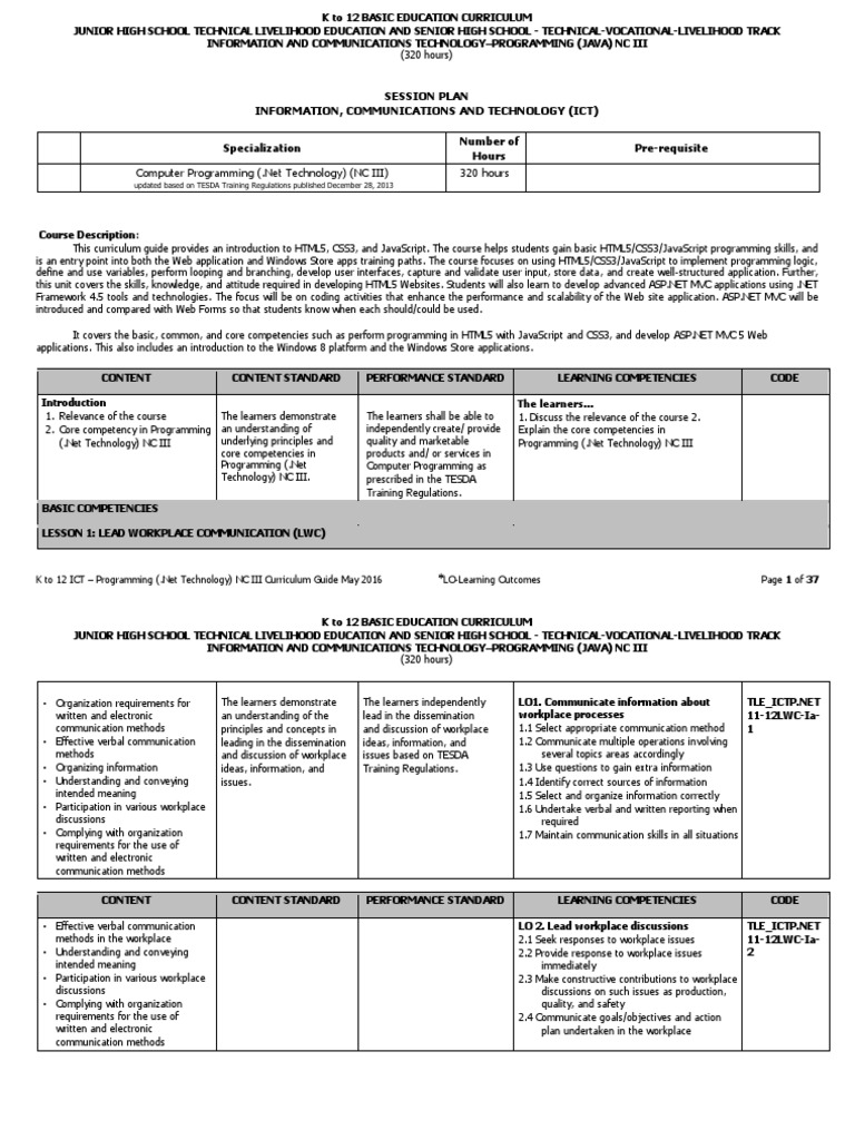 Session Plan - Programming-.Net-Technology-NC-III-CG | PDF | Web ...