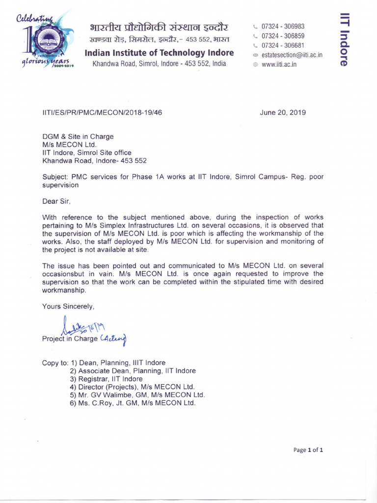 Letter Regarding Poor Supervision - 20.06.2019 | PDF