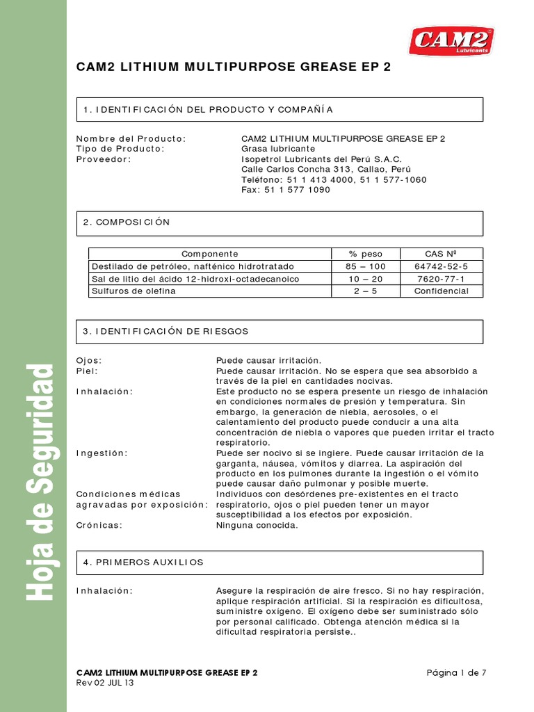 Cam2 Lithium Multipurpose Grease EP2 Rev02 2013 | PDF | Oxígeno | Carbón