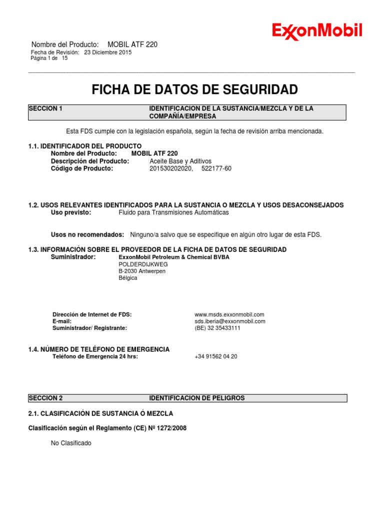 Mobil ATF 220 Msds 2015 | PDF | Agua | Contaminación