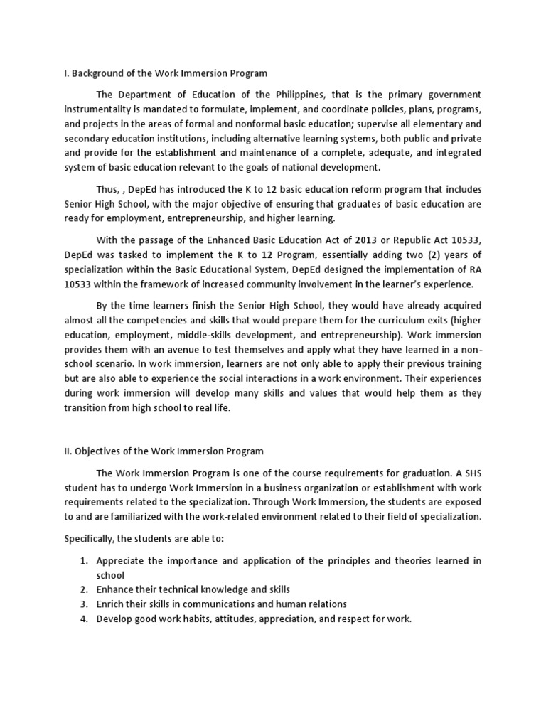 Background of The Work Immersion Program | PDF | Curriculum | Learning
