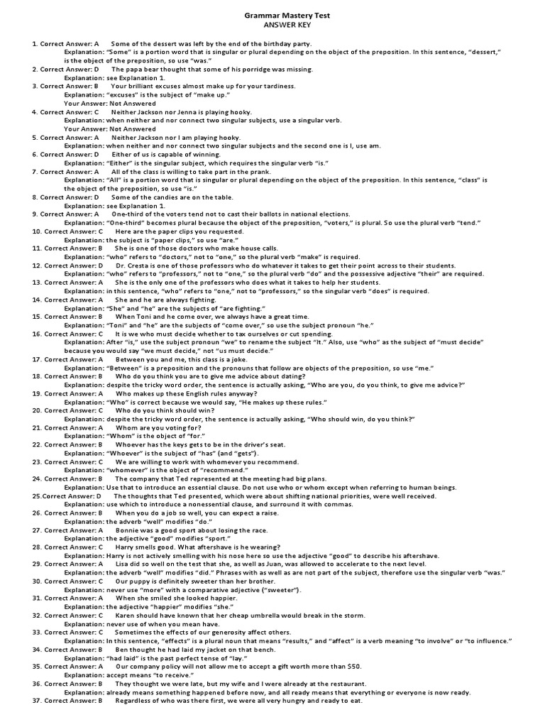 Blept-Grammar Mastery Test - Answer Key | Download Free PDF | Semantic ...