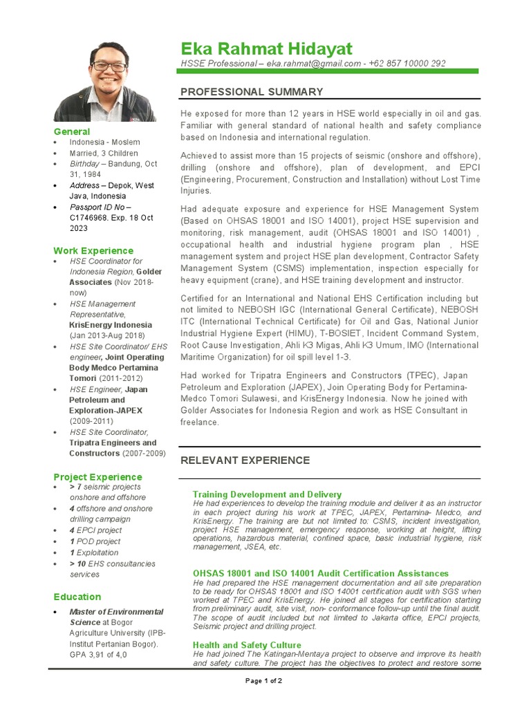 CV Eka Rahmat Hidayat MSC | PDF | Occupational Hygiene | Occupational Safety And Health