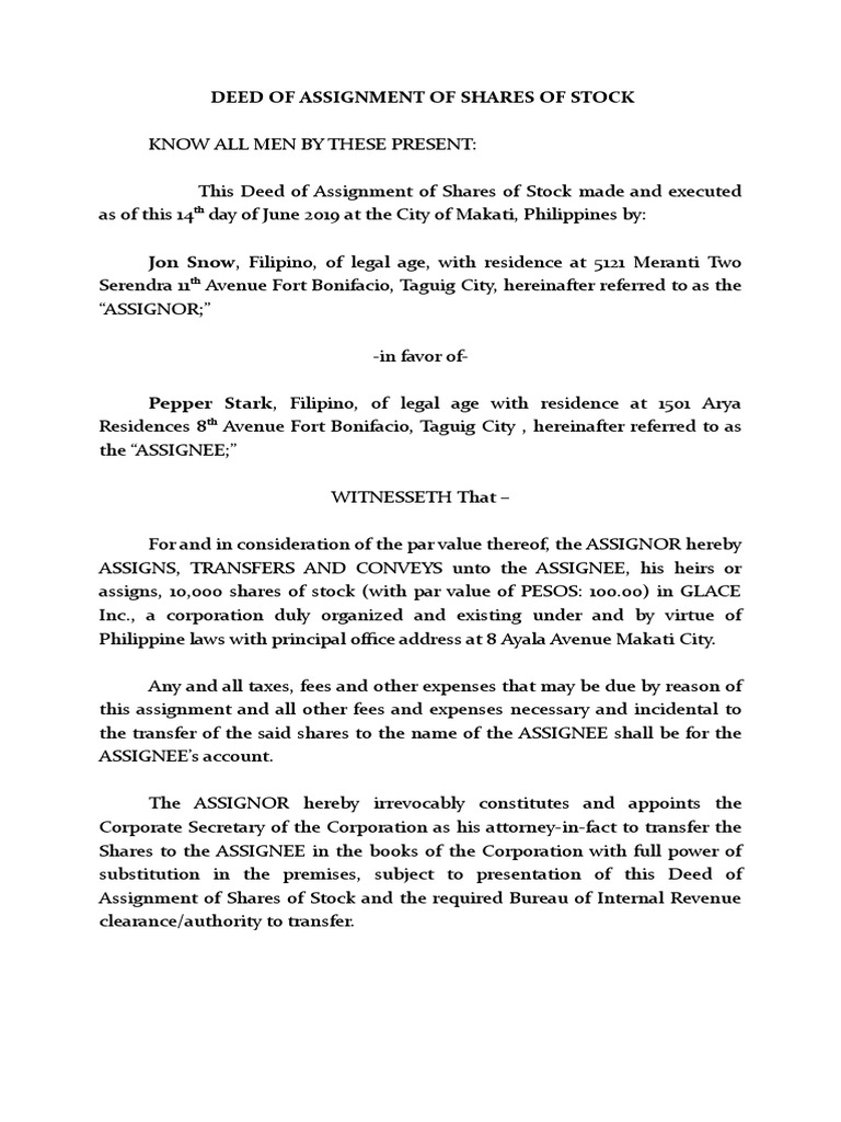 Done - Deed of Assignment of Shares | PDF | Assignment (Law) | Makati