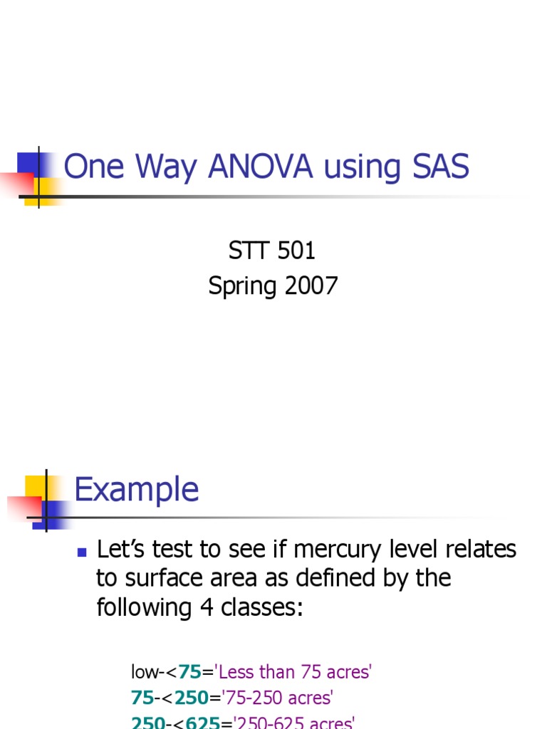 One Way ANOVA Using SAS: STT 501 Spring 2007 | PDF | Analysis Of Variance | Errors And Residuals