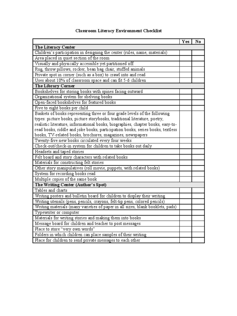 Literacy Center Checklist - Morrow | PDF | Books | Writing