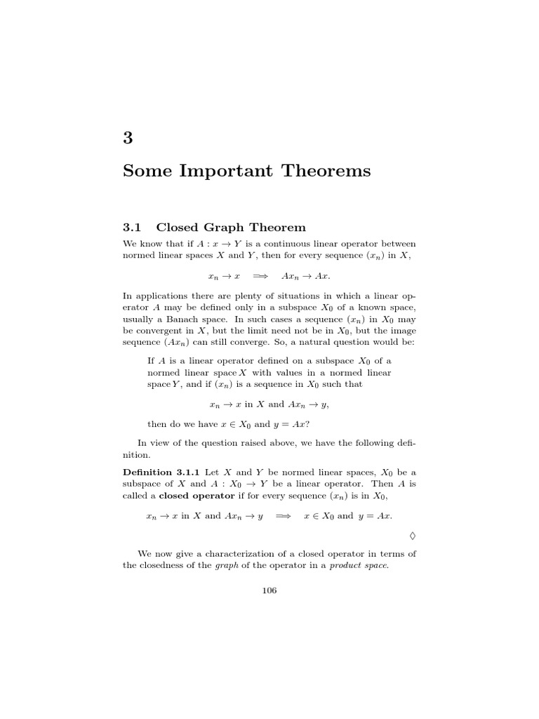 3 Some Important Theorems: 3.1 Closed Graph Theorem | PDF | Banach Space | Linear Map