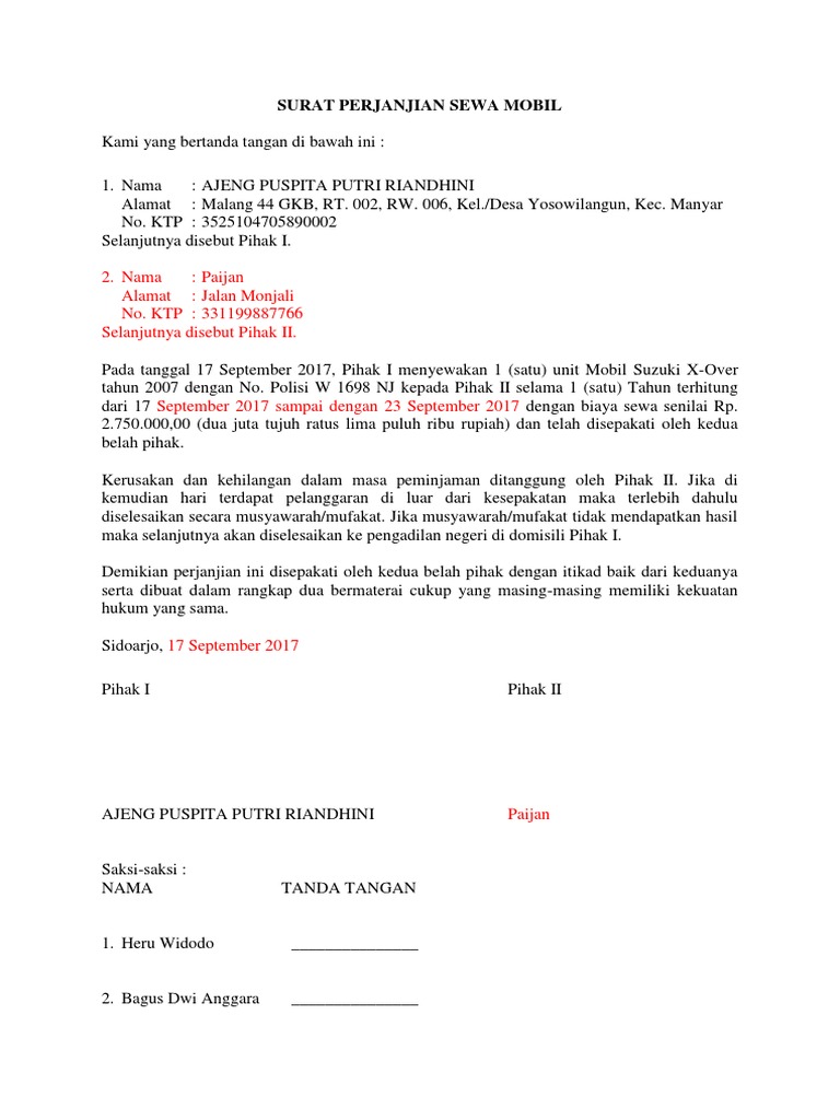 Surat Perjanjian Sewa Mobil | PDF