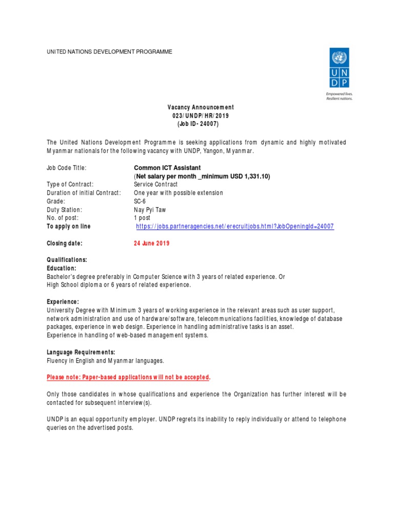 UNDP Common ICT Assistant Vacancy | PDF | Career & Growth | Finance ...