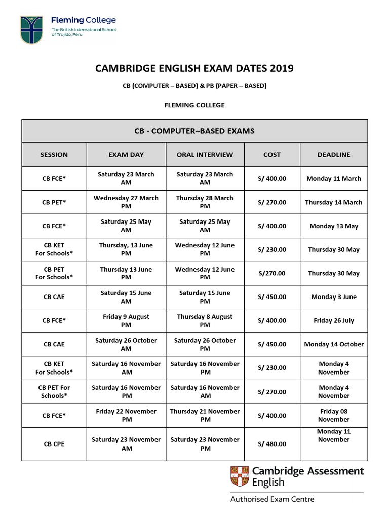 Cambridge English Exam Dates 2019: CB - Computer-Based Exams | Download ...