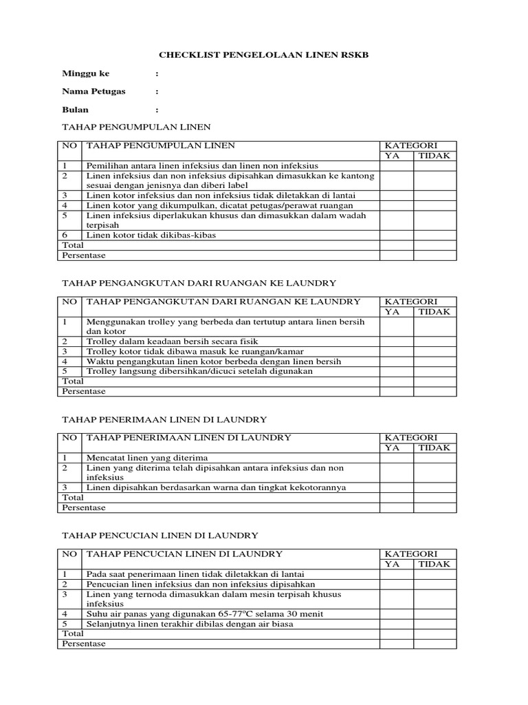 Checklist Pengelolaan Linen | PDF | Teknologi & Rekayasa