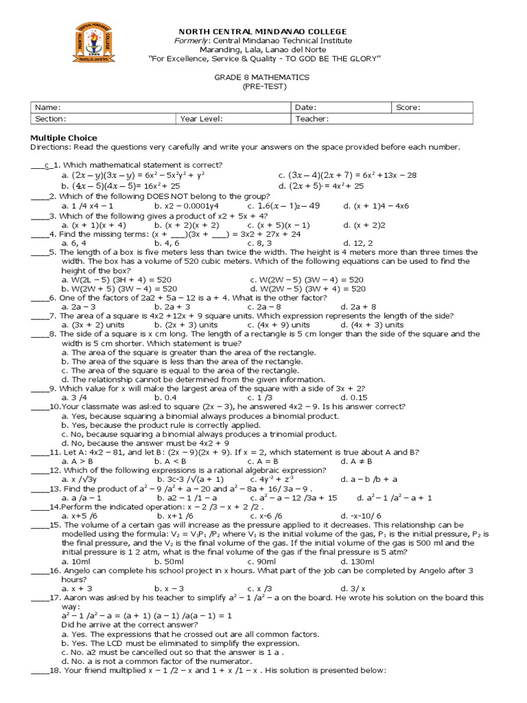 FINAL Pre-Test Math 8 | Download Free PDF | Area | Cartesian Coordinate ...