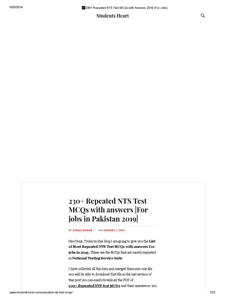 230+ Repeated NTS Test MCQs With Answers 2019 (For Jobs) | PDF ...
