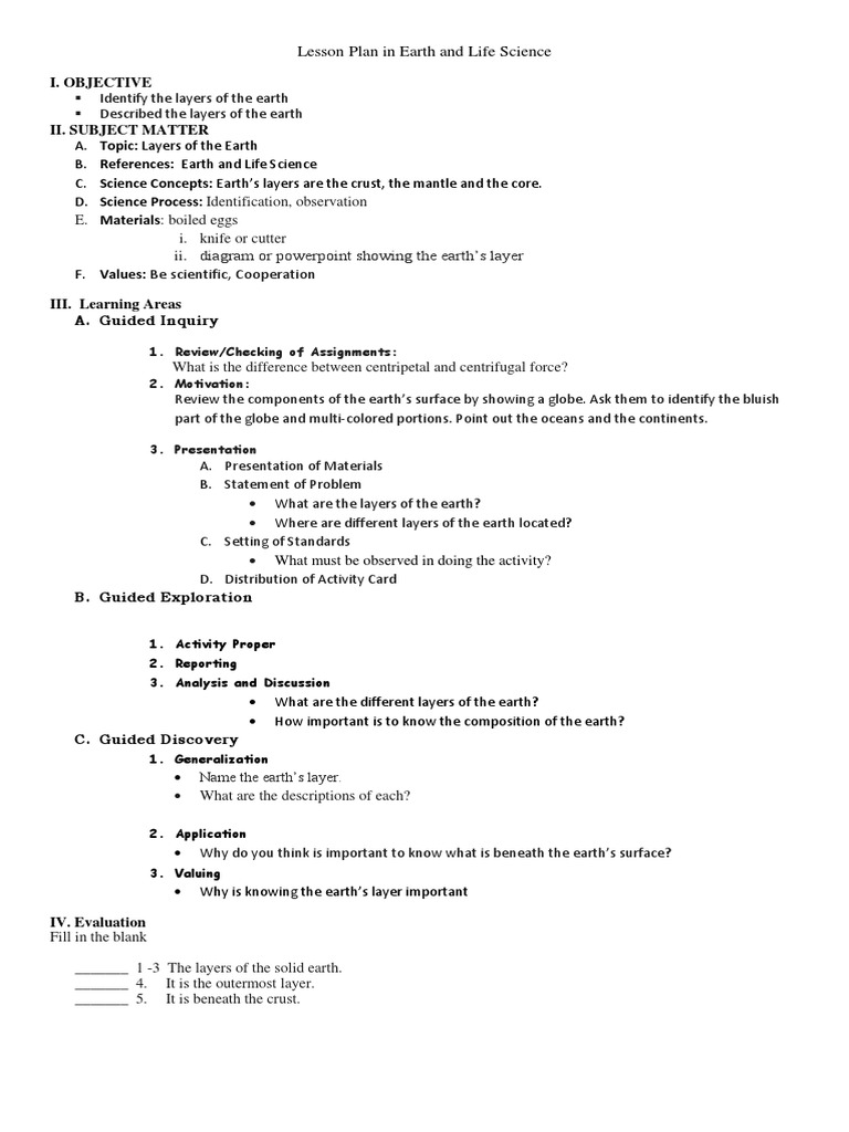 Lesson Plan in Science 6 Layers of The Earth Maann Bautista | PDF ...