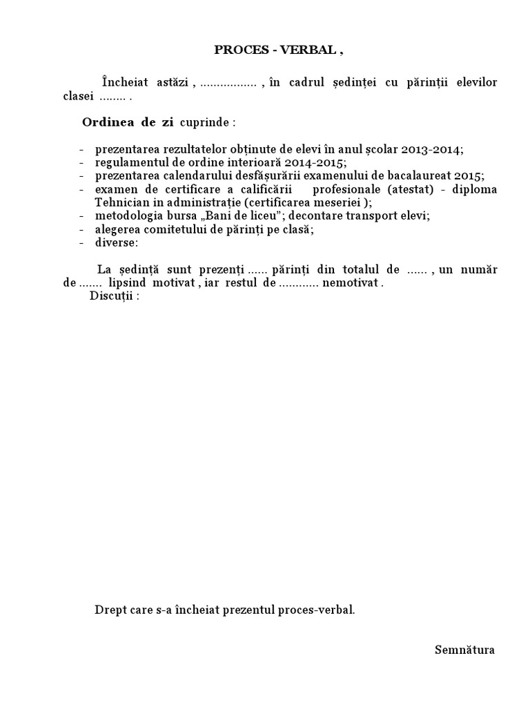Model Proces-Verbal PT Sedinta Cu Parintii | PDF