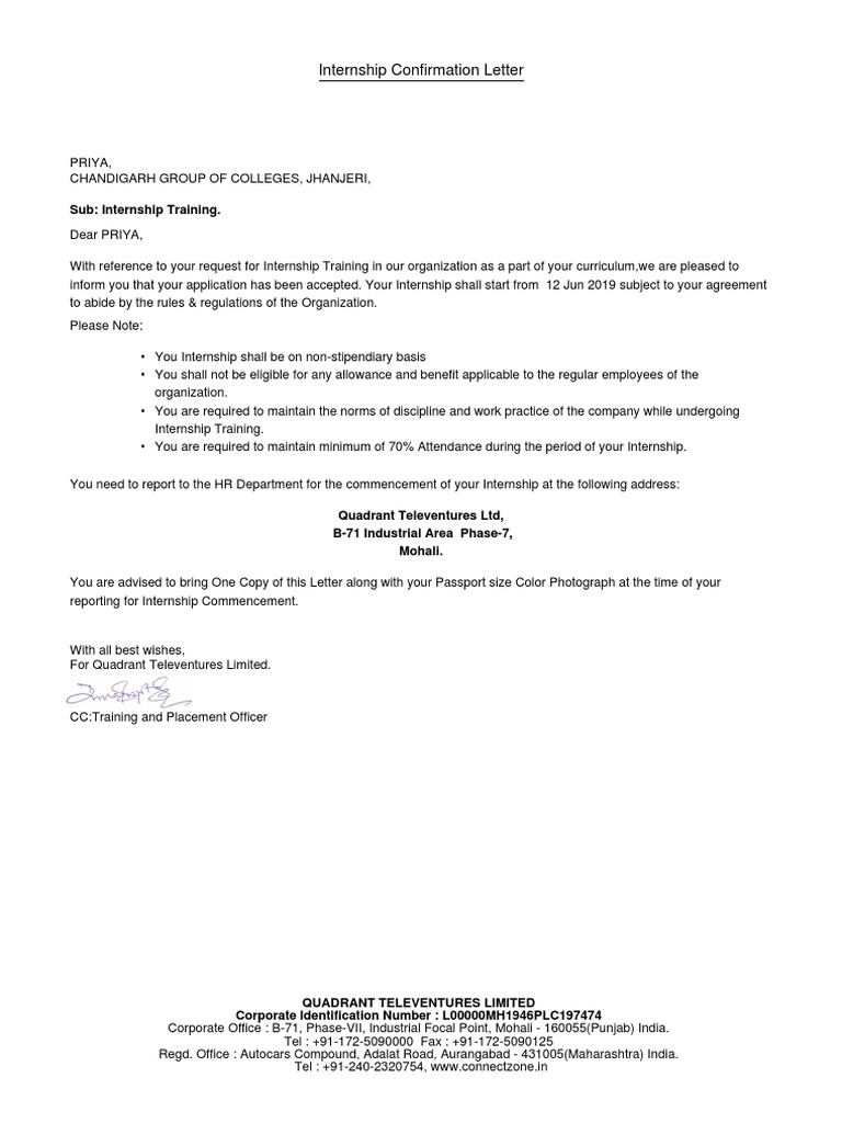 Internship Confirmation Letter | PDF