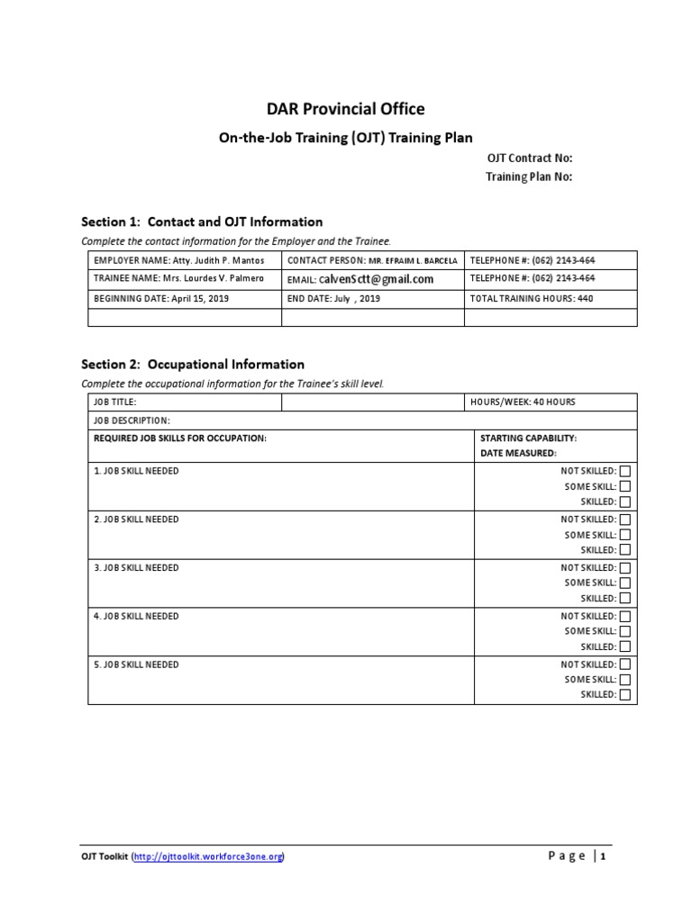 DAR Provincial Office: On-the-Job Training (OJT) Training Plan | PDF | Employment | Behavior ...