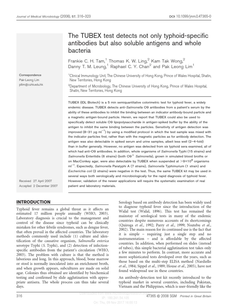 The TUBEX Test Detects Not Only Typhoid-Specific Antibodies But Also ...