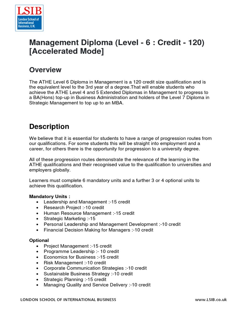 Management Diploma (Level - 6: Credit - 120) (Accelerated Mode) | PDF ...