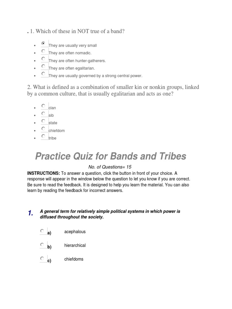 Tribes, Bands and States Quiz | PDF | Society | Civilization