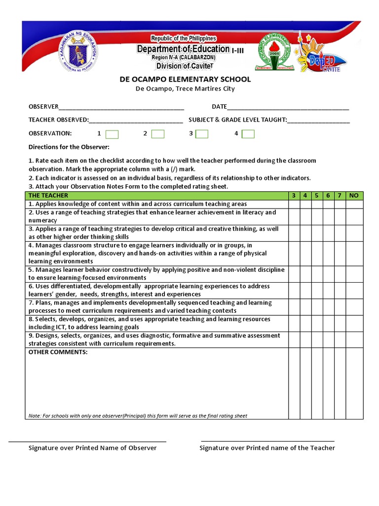 Teacher Observation Rating Sheet | PDF | Curriculum | Learning