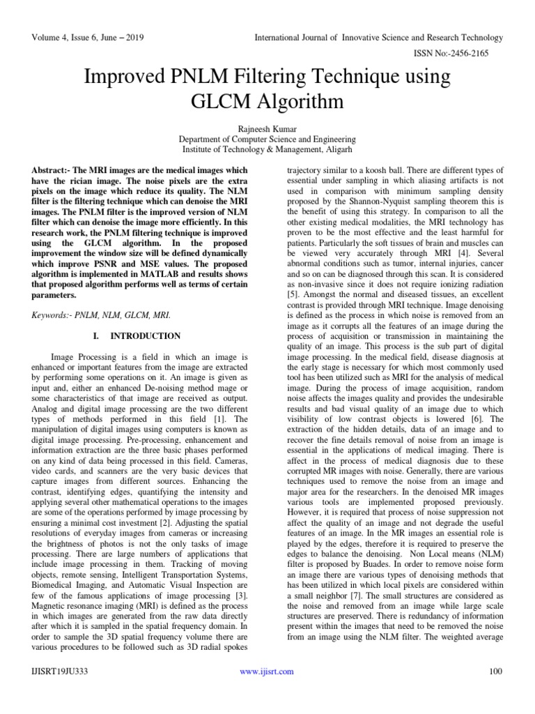 Improved PNLM Filtering Technique Using GLCM Algorithm | PDF | Medical Imaging | Magnetic ...