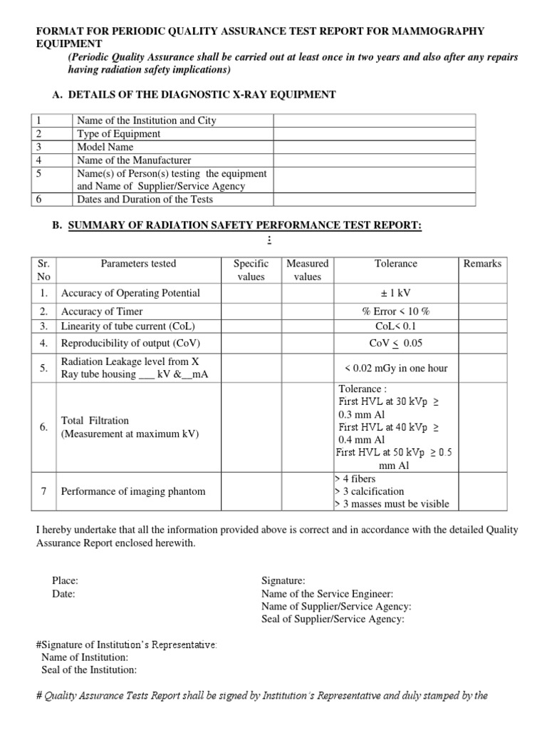 Mammography QA Test Report Format | PDF | X Ray | Radiation Protection