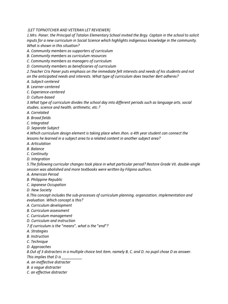 LET Reviewer: Curriculum Insights | PDF | Curriculum | Teachers