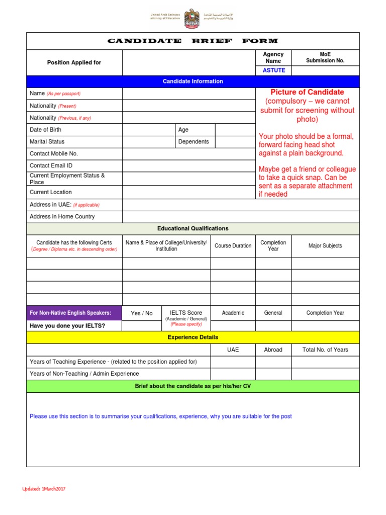 MOE - Candidate Brief Form | PDF