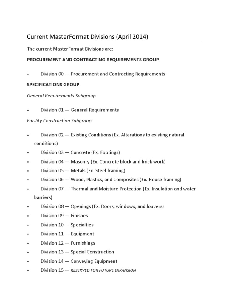 MasterFormat Divisions Overview 2014 | PDF | Hvac | Building Insulation