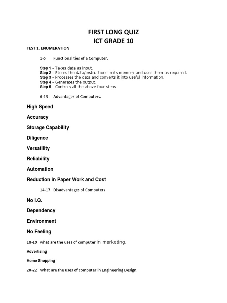 First Long Quiz Ict Grade 10: Test 1. Enumeration | PDF First Long Quiz Ict Grade 10: Test 1. Enumeration | PDF