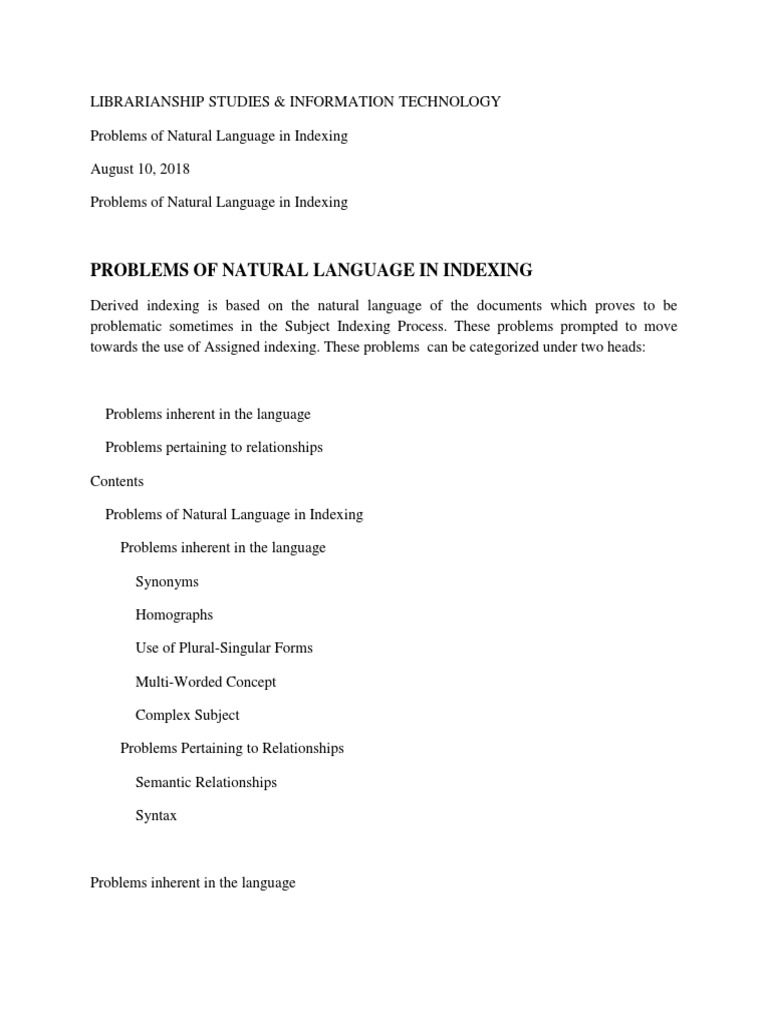 Problems of Natural Languages and Indexing | PDF | Semantics ...