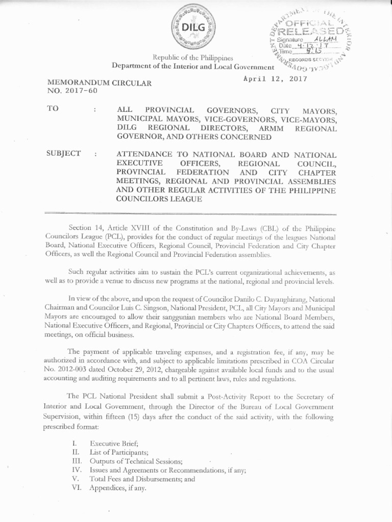DILG Memorandum Circular No 2017-60 | PDF | Virtue | Social Institutions