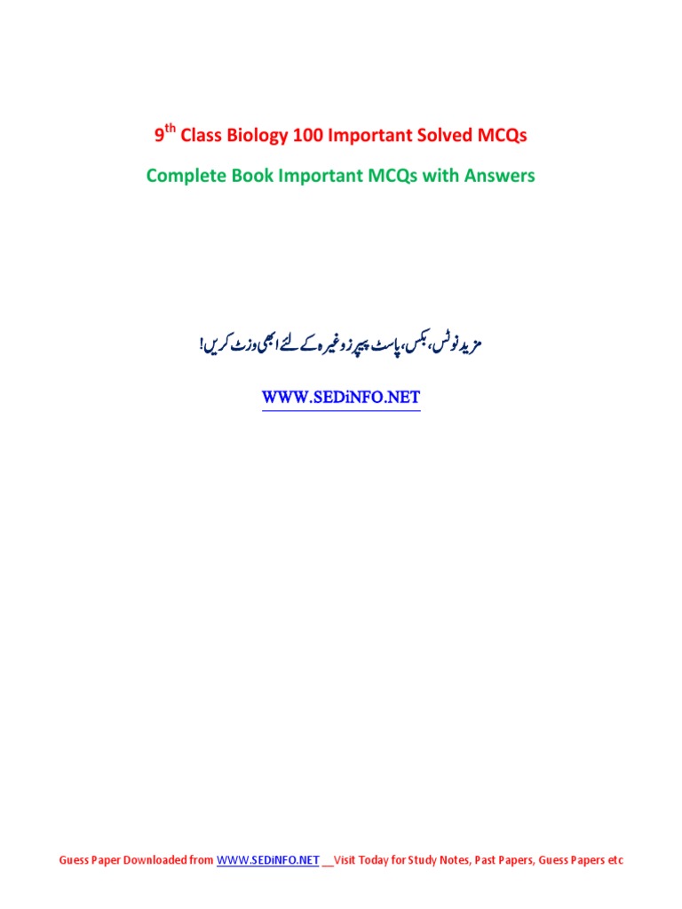 9th Class Biology Solved MCQs Guide | PDF | Self-Improvement | Wellness