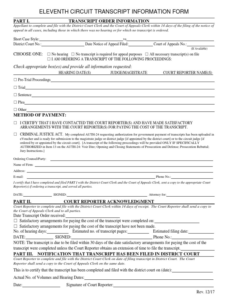 Eleventh Circuit Transcript Form | PDF | Judge | Prosecutor