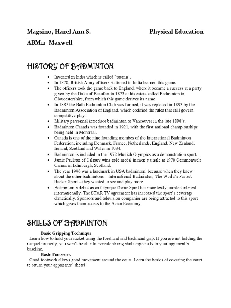 History of Badminton: Magsino, Hazel Ann S. Physical Education ABM11 ...
