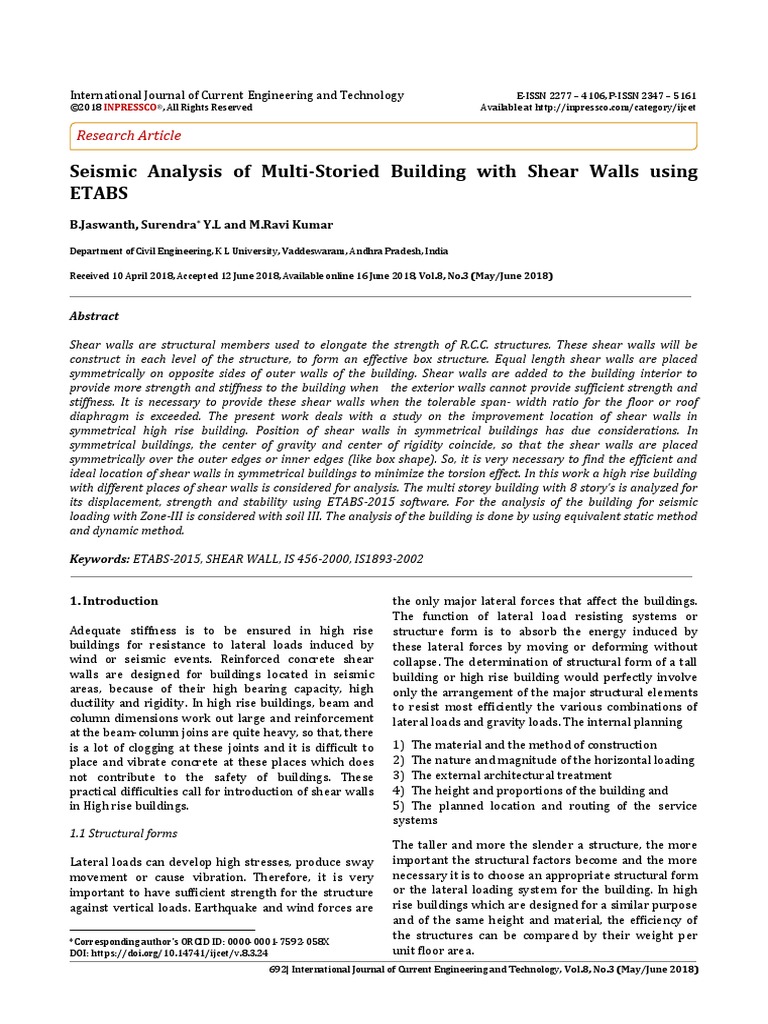 Seismic Analysis of Multi-Storied Building With Shear Walls Using Etabs ...