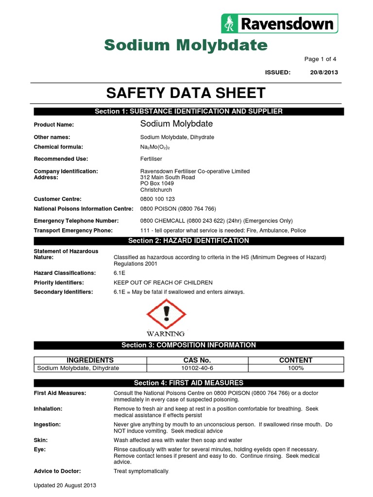 Sodium Molybdate: Safety Data Sheet | PDF | Toxicity | Personal ...