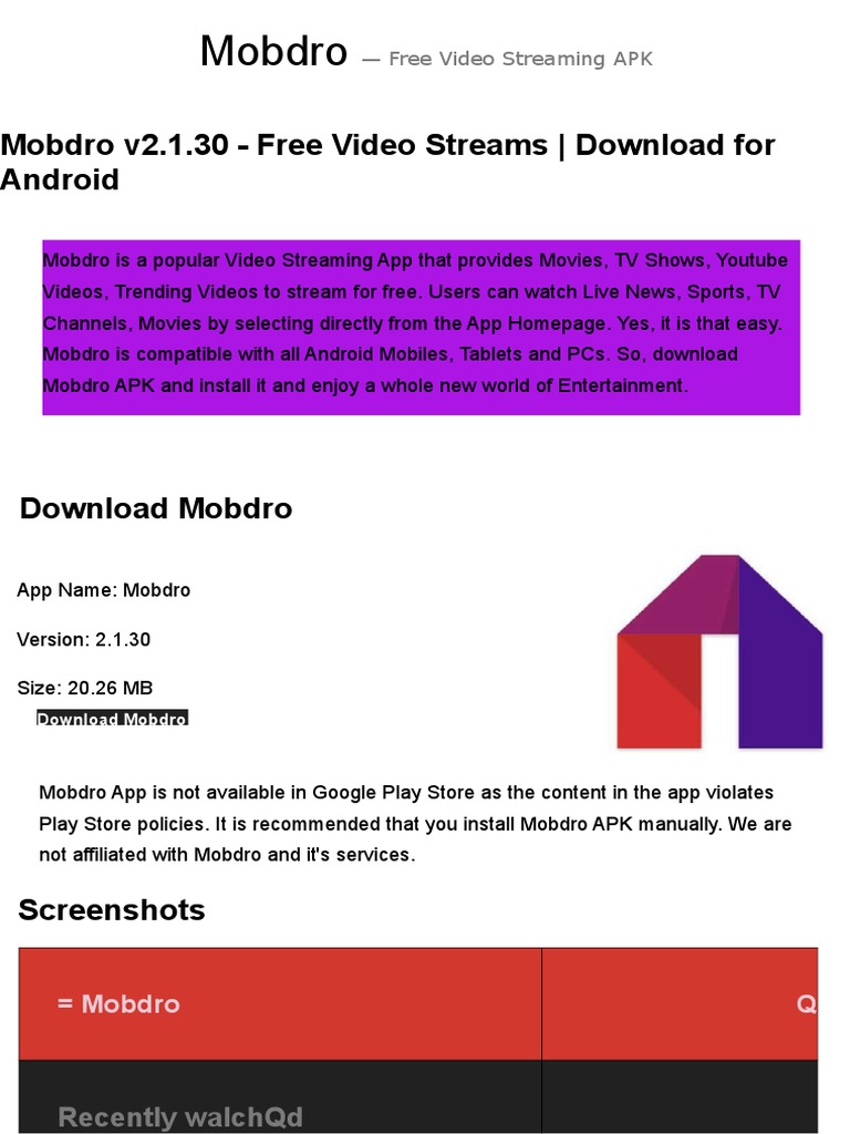Mobdro For Smart TV - Download Mobdro For PC | PDF | Google Play | Mobile App