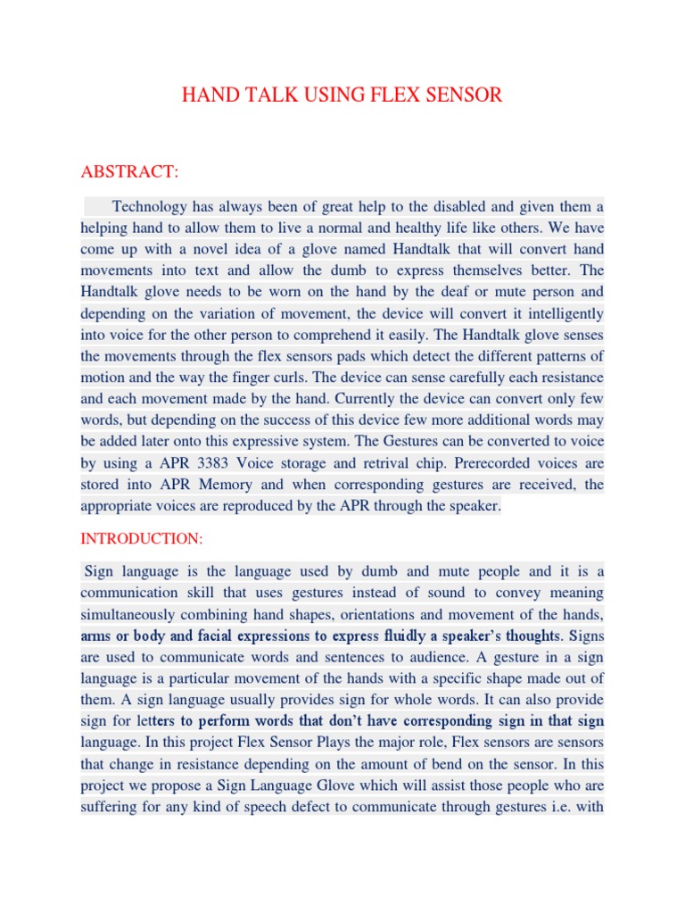 Hand Talk Using Flex Sensor | PDF | Sign Language | Gesture