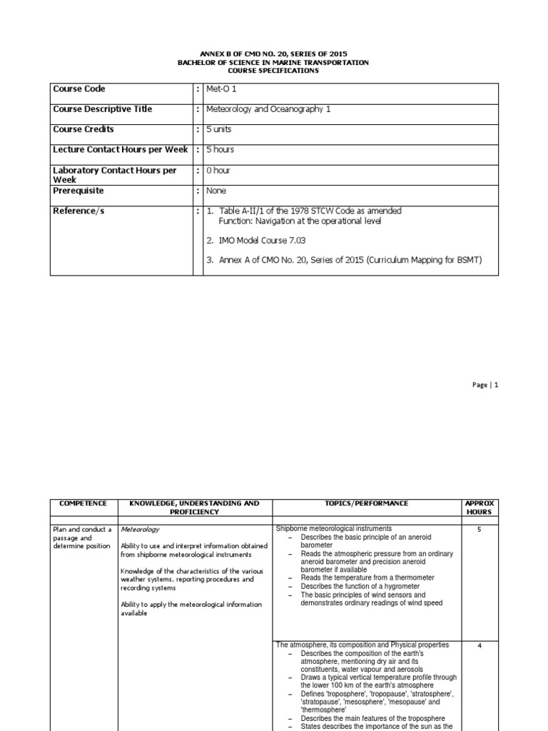 Annex B BSMT Course Specifications For Meteorology and Oceanography I ...