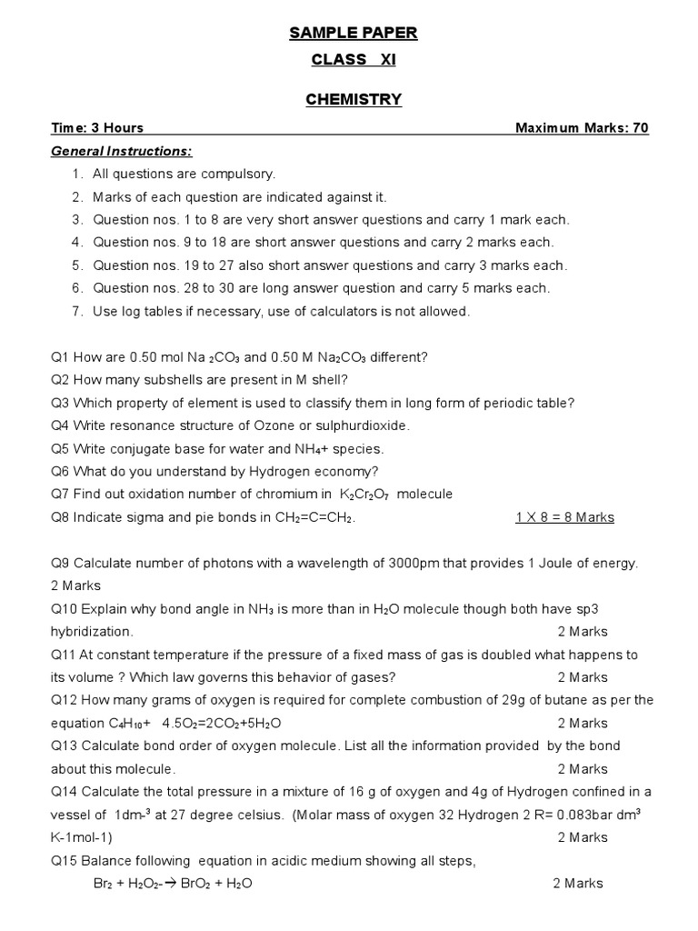 Sample Paper Chemistry Clas Xi Set 2 | PDF | Hydrogen | Chemical Reactions