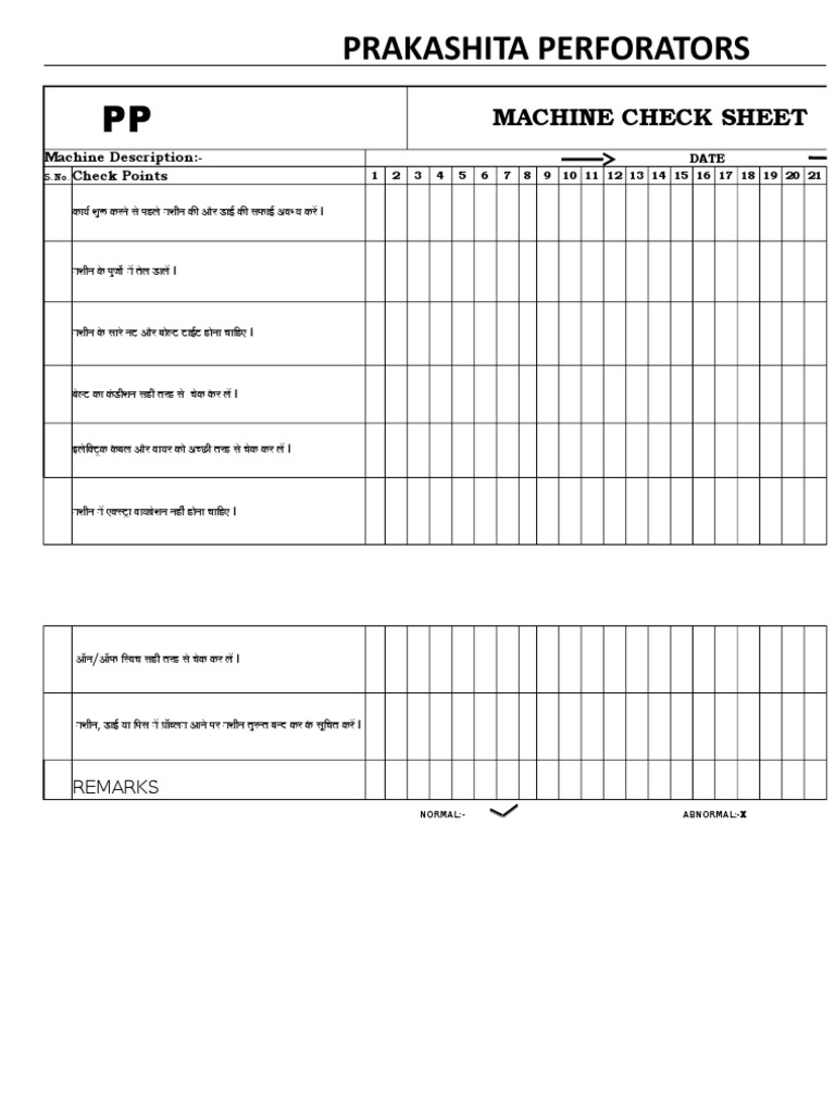 Daily Machine Check Sheet | PDF
