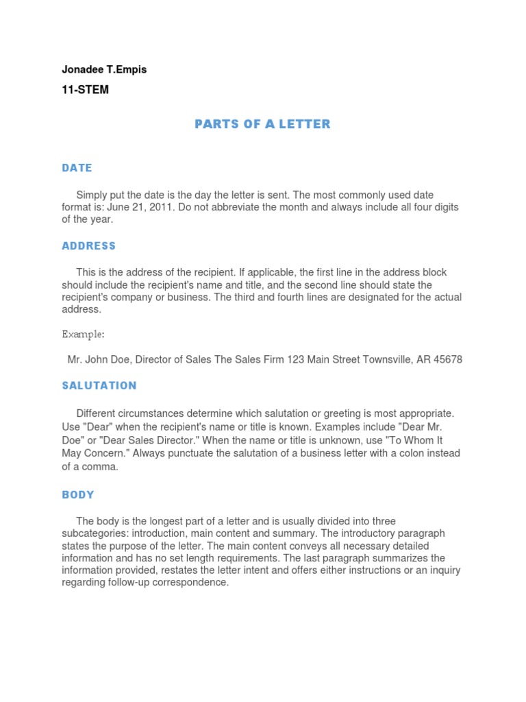 Parts of A Letter | PDF | Human Communication | Writing