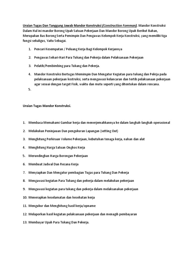 Tugas dan Tanggung Jawab Mandor Konstruksi | PDF