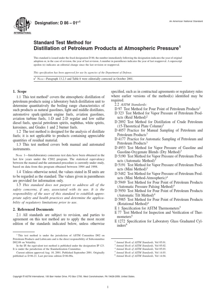 ASTM D 86 Standard Test Method For Distillation of Petroleum Products ...
