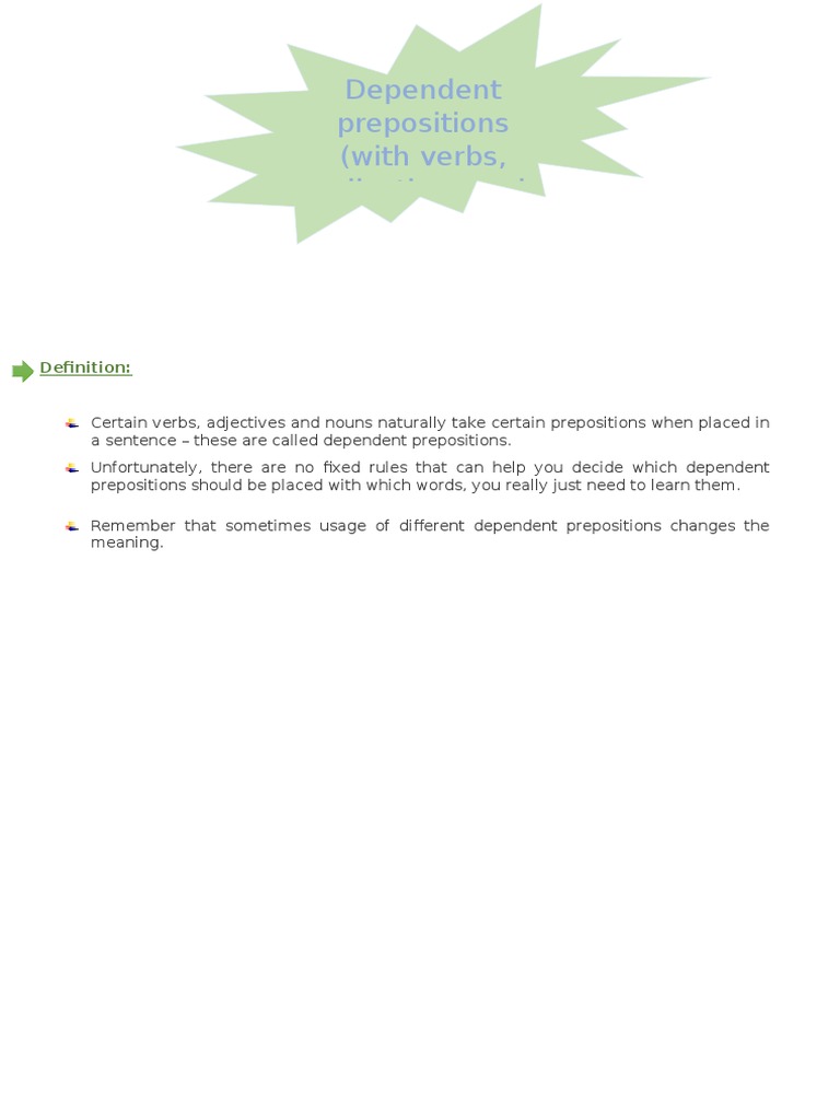 Dependent Prepositions (With Verbs, Adjectives And: Definition | PDF ...