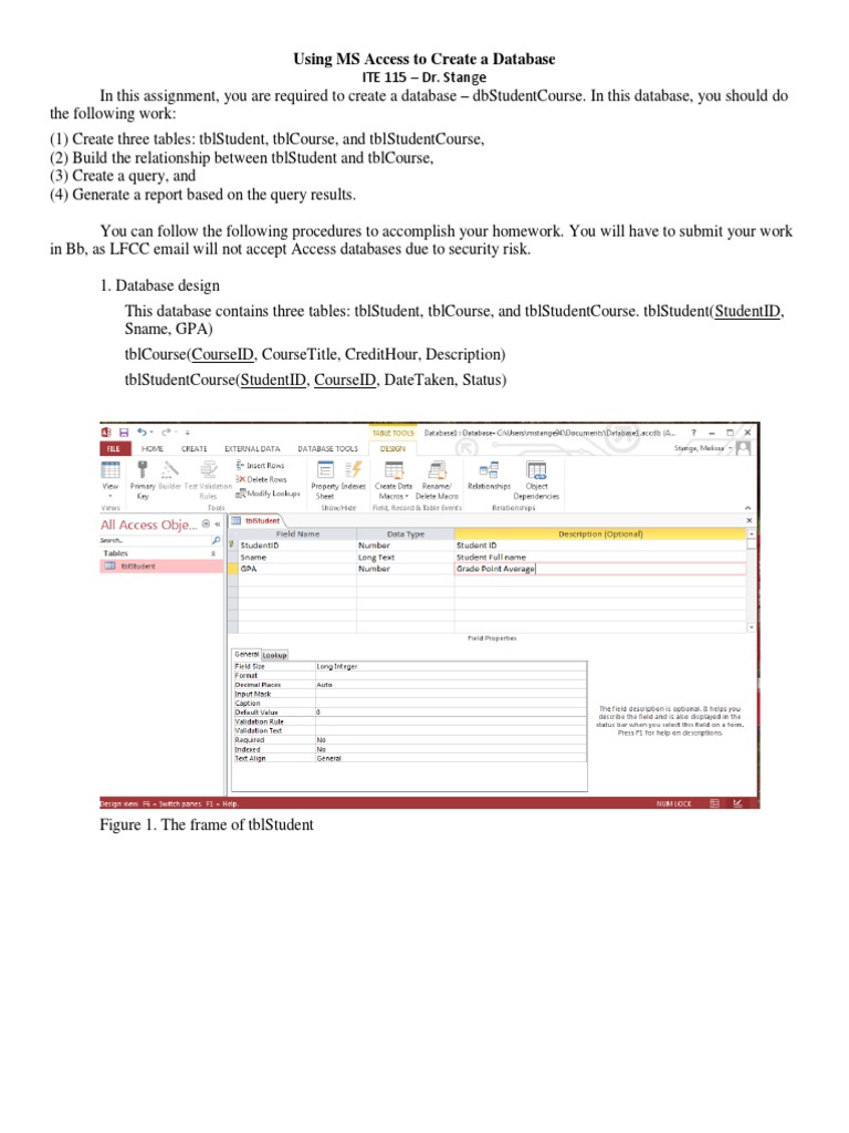 Using MS Access To Create A Database: ITE 115 - Dr. Stange | PDF | Microsoft Access | Databases