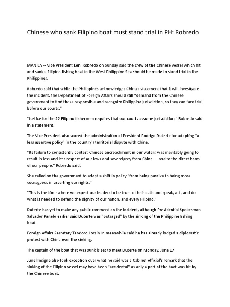 Chinese crew must face PH trial for sinking Filipino boat | PDF